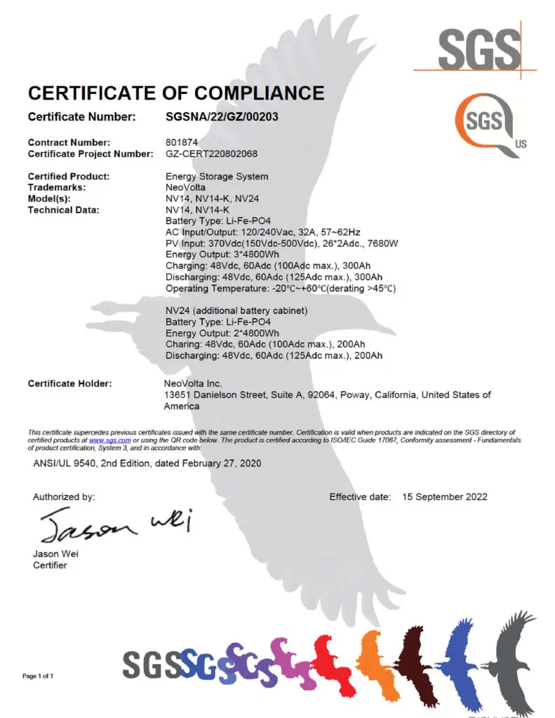NeoVolta Certification | SGS Certificate of Compliance